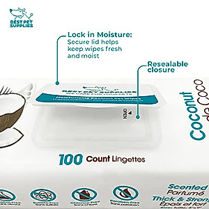 Best Pet Supplies 8" x 9" Pet Grooming Wipes for Dogs & Cats, 100 Pack, Plant-Based Deodorizer for Coats & Dry, Itchy, or Sensitive Skin, Clean Ears, Paws, & Butt - Moisturizing Coconut