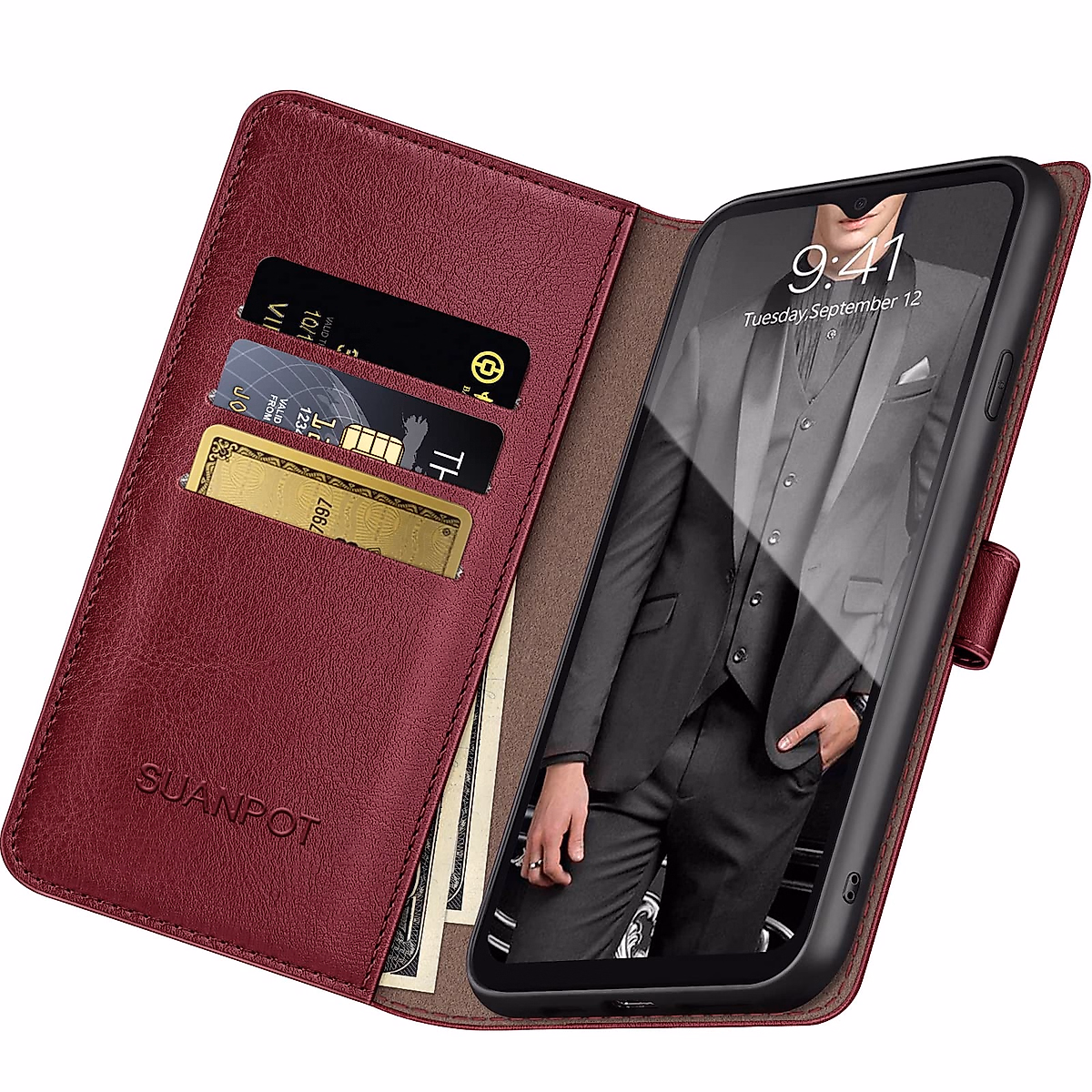 SUANPOT 【RFID Blocking for Samsung Galaxy A13 5G Wallet case Credit Card Holder,PU Leather Flip Folio Book Phone case Cover Women Men for Samsung A13 5G case Wallet (Wine Red)