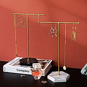 Jewelry Stand Display Necklace Holder T-Bar Plated Metal Tabletop Jewelry Organizer Tower for Show Jewelry Hanging Pendant Earring Bracelet Ring Accessorie with White Marble Plywood Bases.