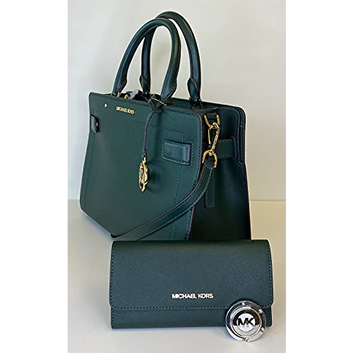 Michael Kors MICHAEL Michael Kors Rayne MD EW Satchel bundled with Trifold Wallet Purse Hook (Racing Green)