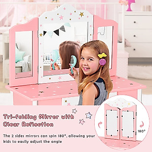 KOTEK Kids Vanity Set w/Tri-Folding Mirror, 2 in 1 Wooden Princess Makeup Dressing Table w/Detachable Top & Storage Drawers, Pretend Beauty Play Vanity Table Set for Girls (Pink Star Print)