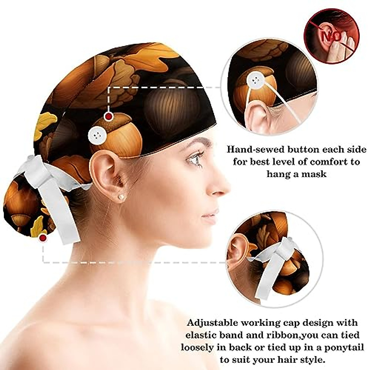 Thanksgiving Acorn Working Cap with Button Sweatband Adjustable Tie Back Bouffant Hats with Scrunchie