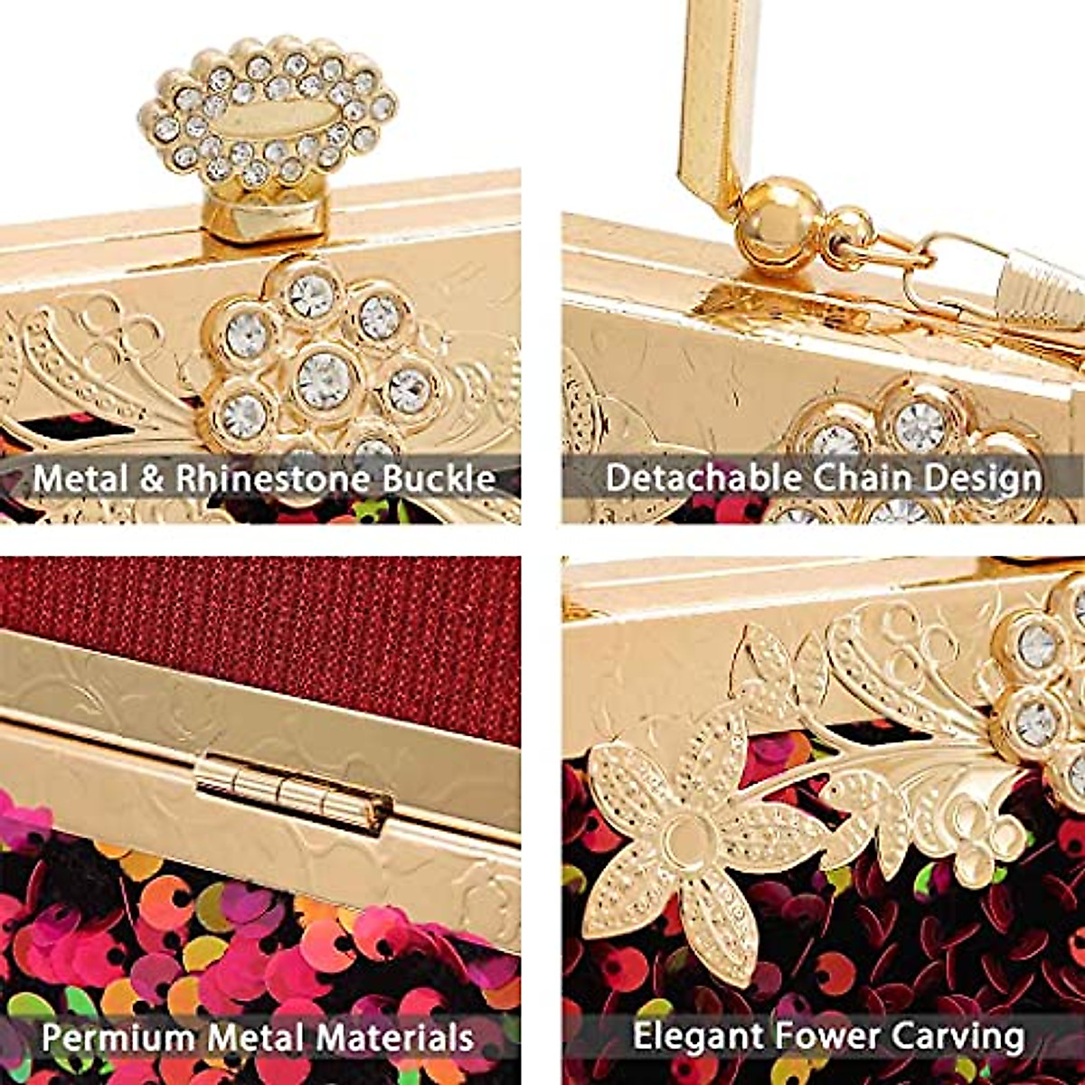 Yokawe Women's Sequin Clutch Purse Glitter Bride Evening Bag Wedding Party Prom Handbag Detachable Chain Shoulder Bags (Red)