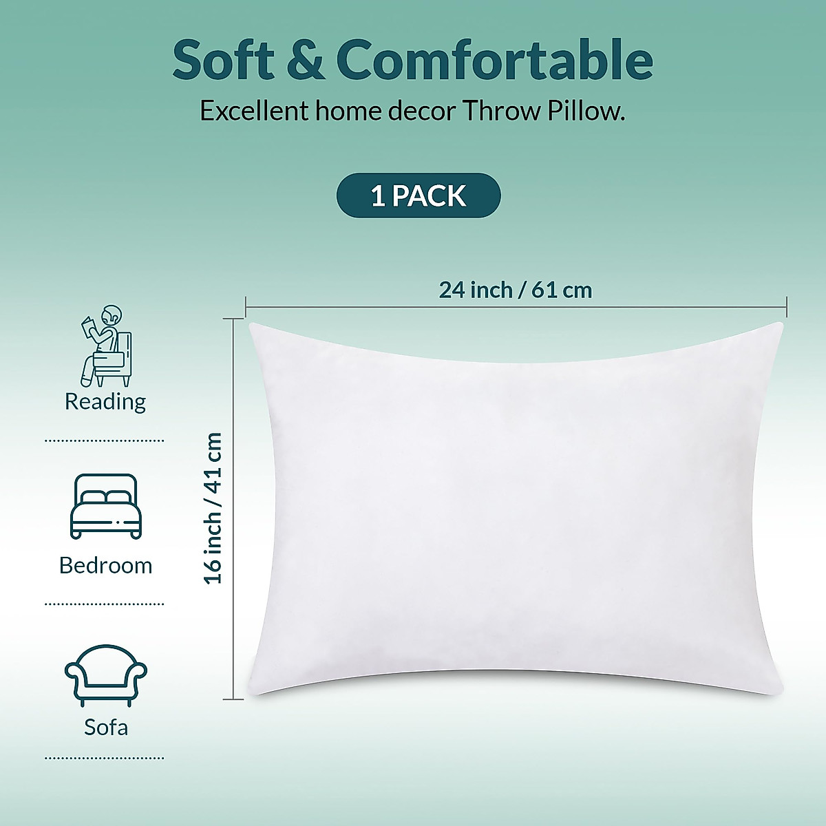 ROYALE LINENS 16 x 24 Pillow Insert - Down Alternative Throw Pillows Insert - Rectangle Pillow Pack of 1 White - Bed & Couch Pillows - Inner Cushion for Bed, Cushion for Living Room - Shams Stuffer