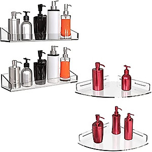 Vdomus Acrylic Bathroom Shelves, Wall Mounted no Drilling Thick Clear Storage & Display shelvings, 2 Pack (Original) and Acrylic Corner Shower Shelf 2 Pack with Adhesive, Wall Mount Bathroom