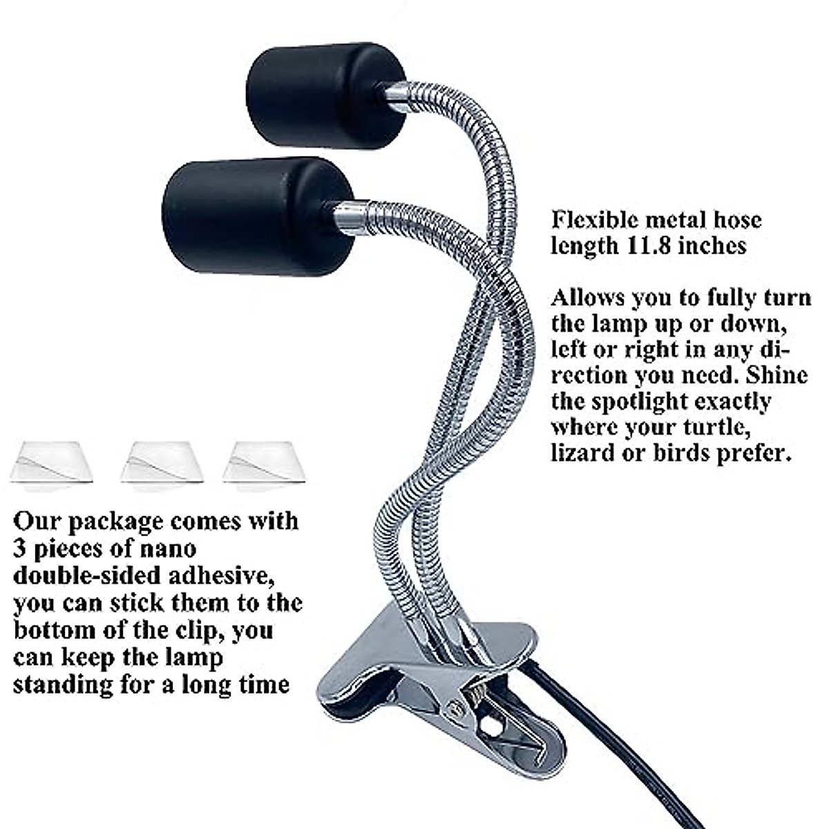 Reptile Clamp Heat Lamp Fixture Holder Turtle Lights with Clip for Reptiles and Amphibian Tanks Adjustable Rotates UVA UVB Bulbs Basking Spot Lamp Pet Heating Lamp (Dual Heads 1 Pack)