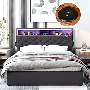 Harper & Bright Designs Queen Bed with Storage Headboard, LED, USB Charging and 2 Drawers, Linen Fabric Upholstered Platform Bed Wood Frame, No Box Spring Needed (Queen Size, Dark Gray)