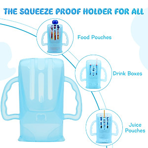 Squeeze Proof Holder for Food Pouches & Juice Boxes, Universal Multipurpose Design, Makes Baby More Fond of Self-Feeding, Prevent Messes, Food Safe (Blue)
