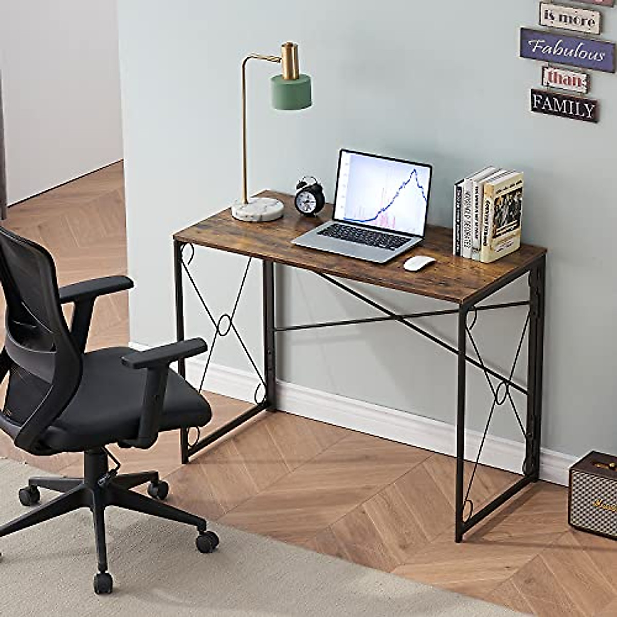 VECELO 39" Writing Computer Folding Desk Sturdy Steel Laptop Table for Home Office Work, No Assembly Required,Antique Brown