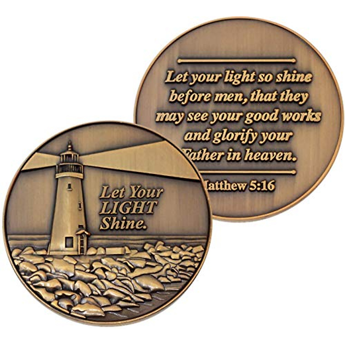 Let Your Light Shine Christian Challenge Coin, Pass Along Pocket Token of Encouragement, Handout for Bible Study, Antique Gold Plated Matthew 5:16 Gift