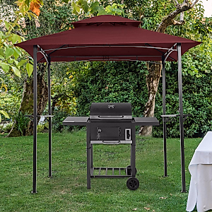 8' x 5' Grill Gazebo Shelter, Outdoor BBQ Gazebo with Double Tier Soft Top, Grill Canopy Tent with Hook and Shelves for Patio Backyard, Steel Frame, Burgundy