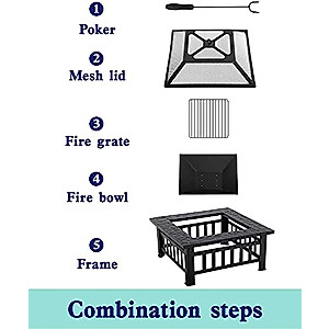 Fire Pit 32in Square Metal Firepit Patio BBQ Fireplace with Charcoal Rack Mesh Cover Poker for Camping Bonfire Picnic Outdoor Heating