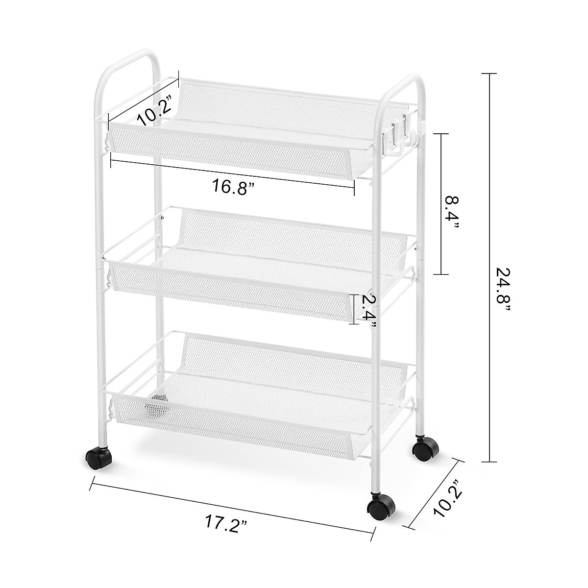 TOOLF 3 Tier Rolling Cart Bundle with 4-Tier Rolling Cart, Metal Utility Cart with 3 Hooks, Easy Assemble Mobile Storage Trolley On Wheels, Slide Out Shelving Units Kitchen Bathroom Laundry Room