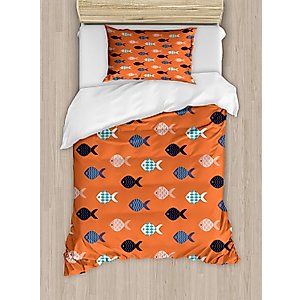 Ambesonne Peach Duvet Cover Set, Fishes Motif Nautical Marine Sea Underwater Creature Animal Aquarium, Decorative 2 Piece Bedding Set with 1 Pillow Sham, Twin Size, Coral Blue
