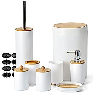 Fixwal Bamboo Bathroom Accessories Set of 8, Soap Dish Soap Dispenser Toothbrush Cup Toothbrush Holder Toilet Brush Trash Can and 2 Qtip Holders with Bamboo Lids(White)