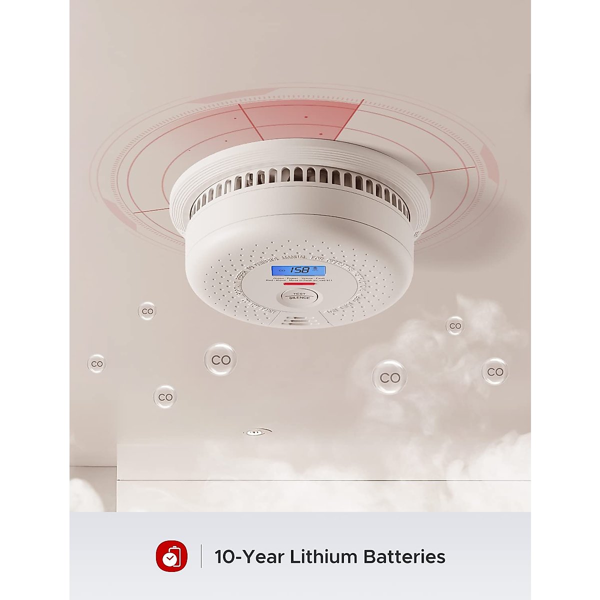 X-Sense Smoke Detector Carbon Monoxide Detector Combo, 10-Year Battery Smoke Detector with Display, Standalone Model SC01, Single Pack