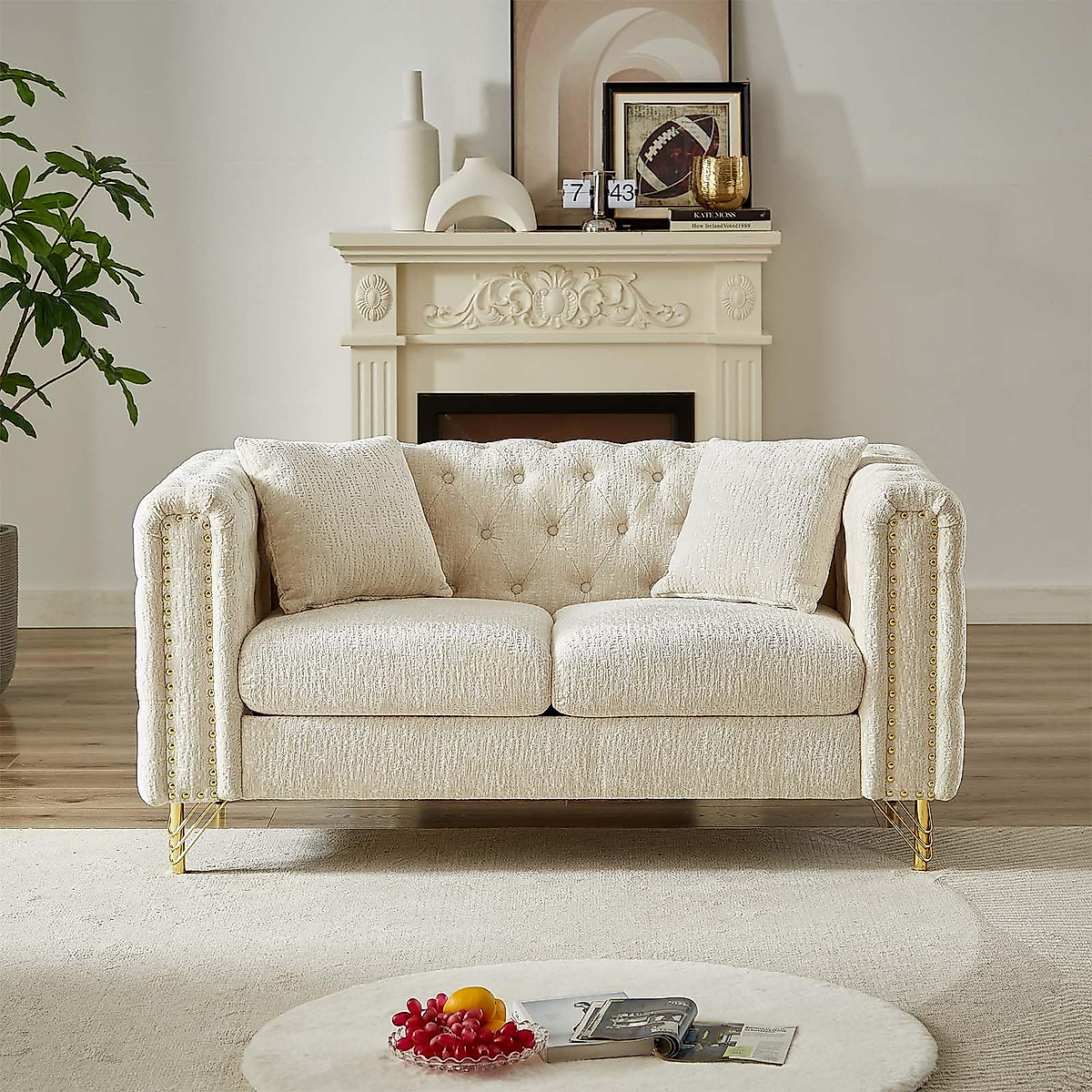 Antetek 2 Piece Living Room Furniture Sets, Modern Chenille Couch and Loveseat Sofa Set, Upholstered Buttons Tufted 3 Seater Sofa Couches W/Copper Nail for Living Room, Bedroom, Beige