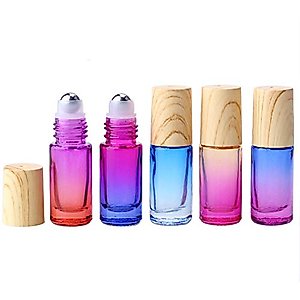 5pcs 5ml(1/6 oz) Essential Oil Roller Bottles,Metal Roller Balls Colorful Gradient Oils Roll on Bottles with Wood Grain Cap Glass Empty Refillable Fragrance Perfume Essential Oil Glass Roller Bottles