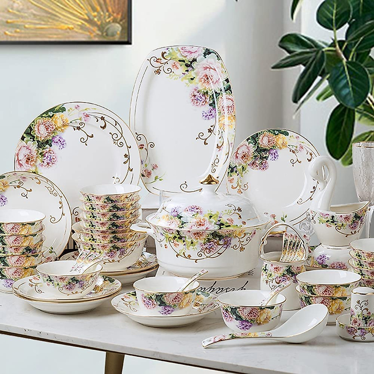 Porcelain Dinner Set Luxury Ceramic Dinnerware Set, Phnom Penh Plates and Bowl Dishes Set, Flowers Underglaze Dinner Sets for Family Party, Service for 6-8