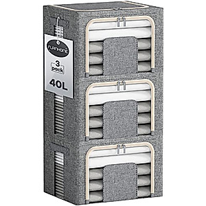 Furnhome 3 Pack 40L Clothes Storage Organizer,Sturdy Stackable Bins for Closet Storage,Foldable Clothing Storage Bins for Clothes with Zippers & Clear Window & Reinforced Handles-Grey