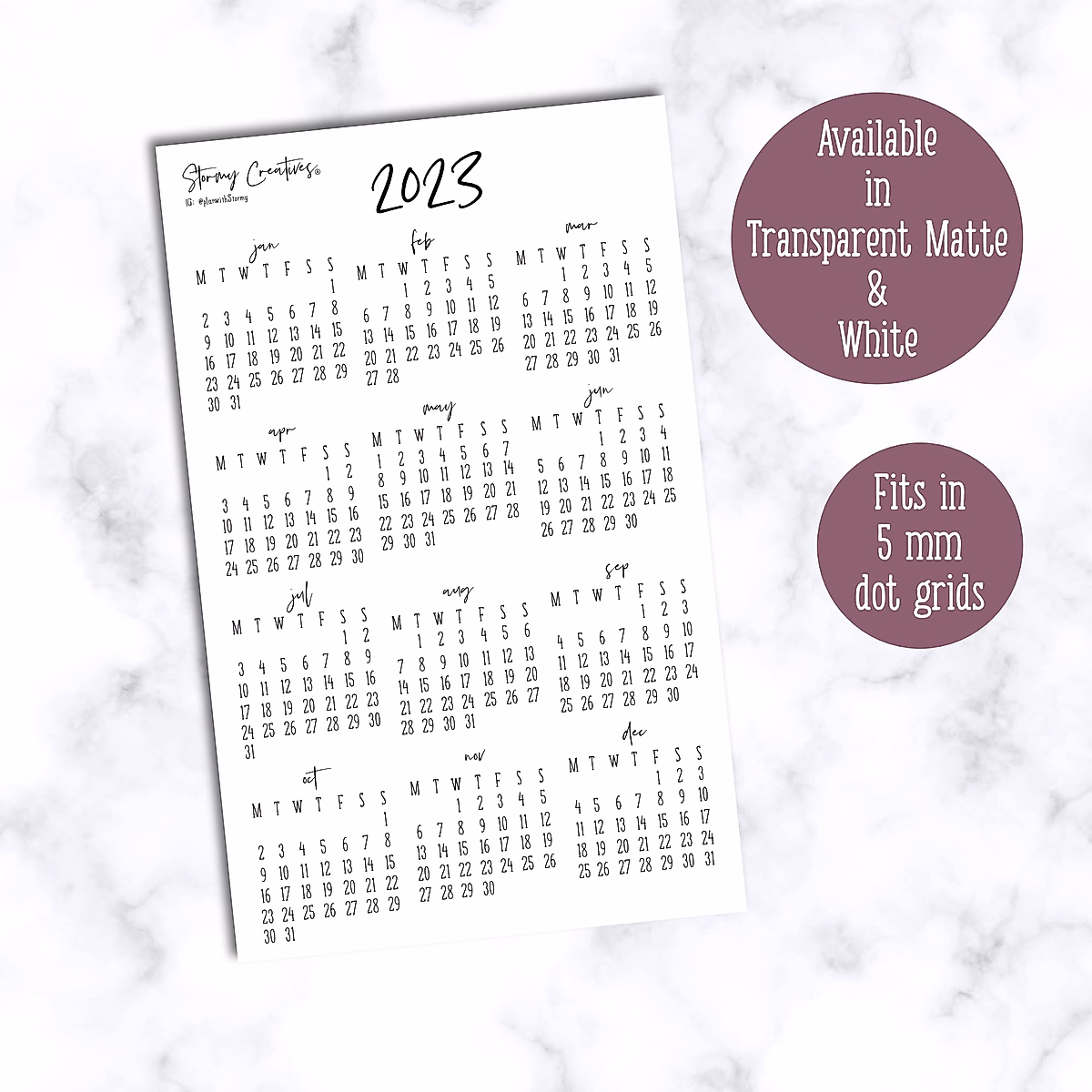 Mini 2023 Monday Start Calendar Stickers for Journals, Planners, Year-at-a-Glance Calendars (Transparent Matte)