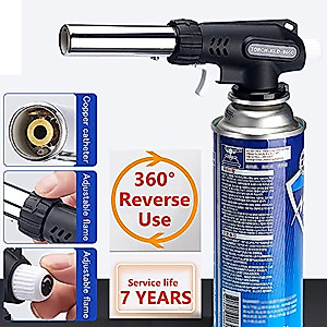 Butane Torch Kitchen Blow Lighter Gas burner - Culinary Torches Chef Cooking Professional Adjustable Flame with Reverse Use, for Creme, Brulee, BBQ, Camp, Baking (Butane Not Included)（Black）