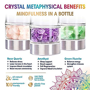 OSANA Crystal Water Bottle with 3 Changeable Healing Crystals – Amethyst, Rose Quartz, Green Fluorite – Loose Leaf Tea Bottle – Gem Elixir Infused Glass Water Bottle - 16.9 oz