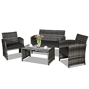 Goplus 4-Piece Rattan Patio Furniture Set, Outdoor Wicker Conversation Sofa with Weather Resistant Cushions and Tempered Glass Tabletop for Lawn Backyard Pool Garden (Black)
