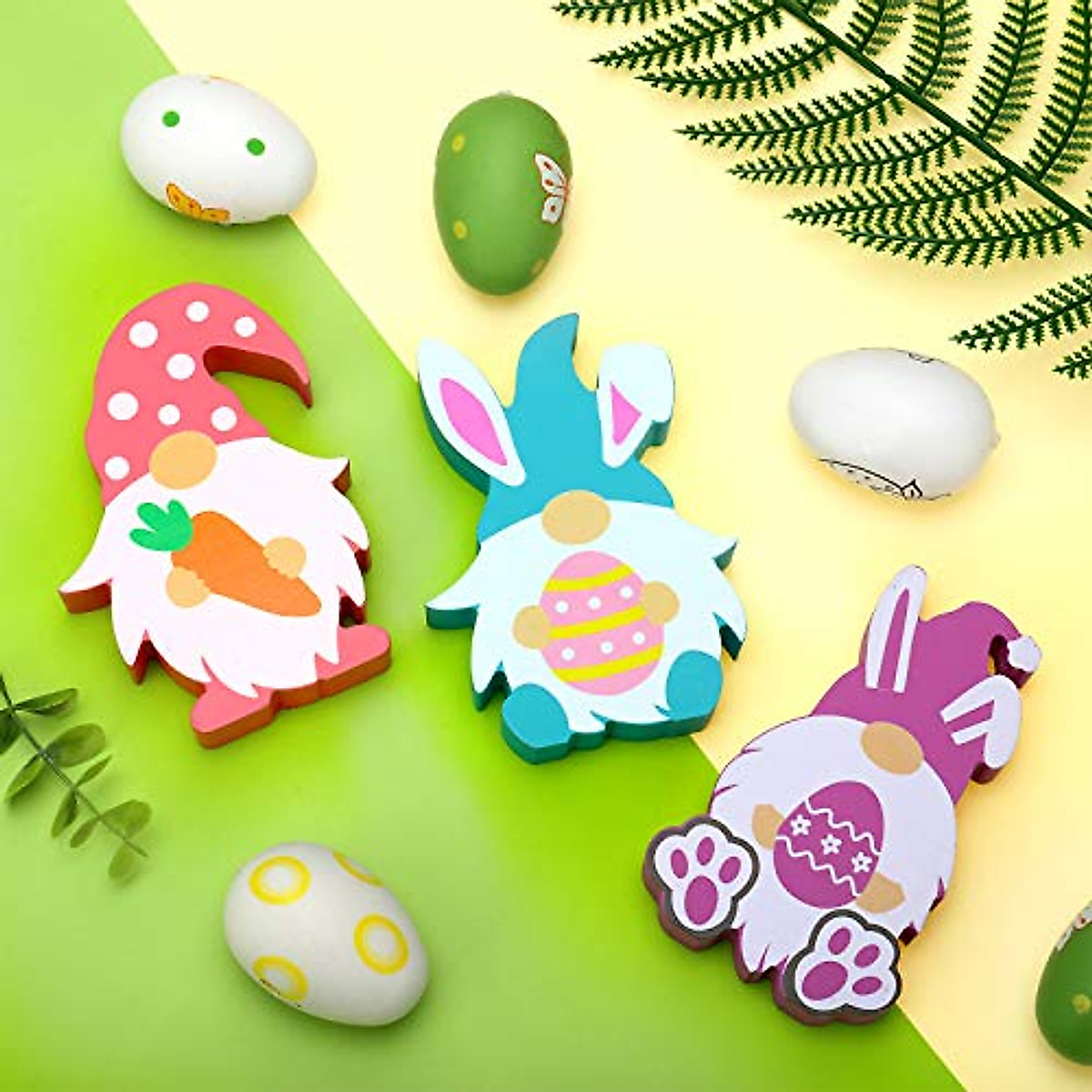 3 Pieces Easter Gnomes Shape Wood Sign Cute Standing Gnomes Easter Wood Crafts Easter Themed Freestanding Table Decorations for Desk Office Home Party (Gnome and Rabbit)