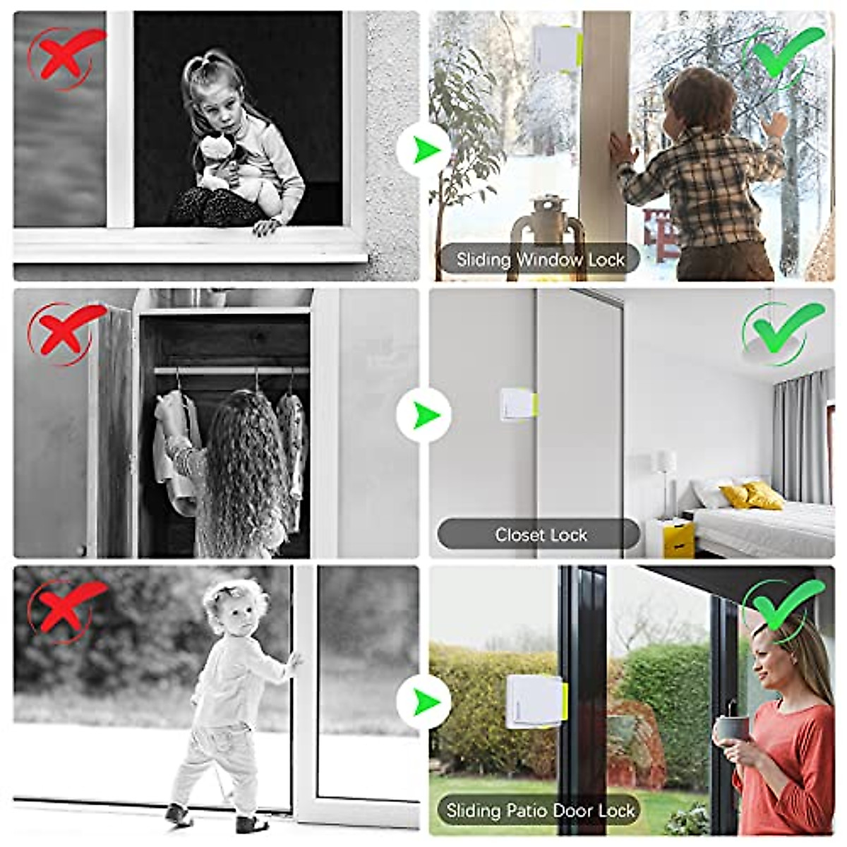 LATIBELL Sliding Glass Door Window Locks - 4 Pack Child Baby Proof Security Locks for Kids Safety Slide Closet Patio Doors, No Screws or Drills Needed