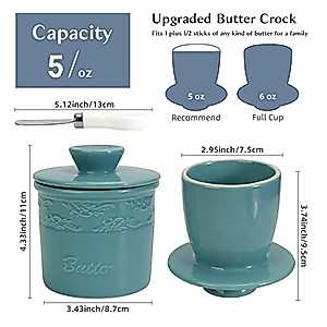 TAOUNOA Butter Dish with Lid for Countertop - Ceramic Butter Keeper with Stainless Steel Knife, French Butter Crock with Water Line Butter Holder for Counter, Light Blue