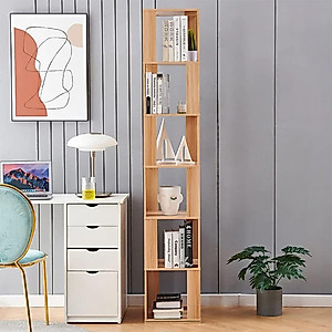 Rotating Bookshelf,6 Tier 360 Floor Standing Revolving Bookcase Storage Rack,Wood Narrow Bookshelf for Small Space,Corner Book Shelf Organizer for Bedroom, Living Room (Burlywood)
