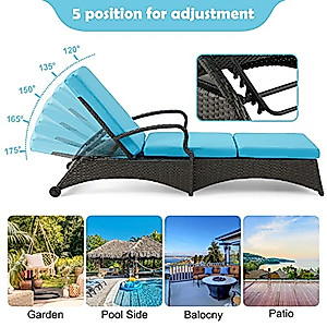 RYNSTO Patio Chaise Lounge 2 Sets with 5 Backrest Angles, Single Adjustable Patio Wicker Lounge Chair with Water Repellent Cushion and Wheels for Poolside Backyard Deck Porch Garden, Blue