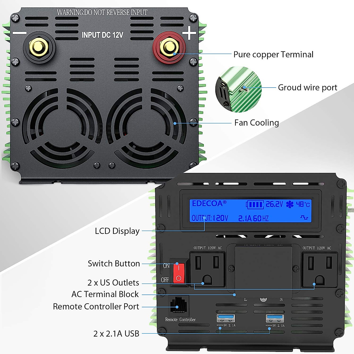 EDECOA 24V 3000 Watt Power Inverter DC 24V to AC 110V 120V 3000W Power Converter with LCD Display and Dual USB Remote