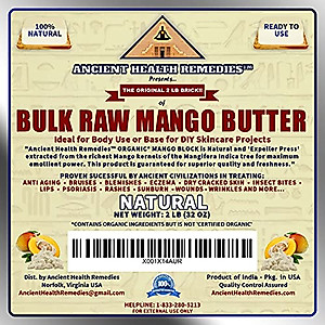ANCIENT HEALTH REMEDIES Organic Unrefined Raw MANGO BUTTER JAR/BLOCKS Bulk, Light Mango Aroma, Non-Greasy Base for Beauty, Skin Moisturizing, DIY Base for Body Butter & Hand Creams (2 LB)