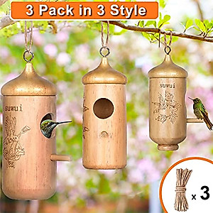 Hummingbird House for Outside, Wooden Hummingbird Houses for Nesting, Natural Humming Bird Nests for Outdoors Hanging, Decoration Gifts for Home Garden Backyard,3 Pack