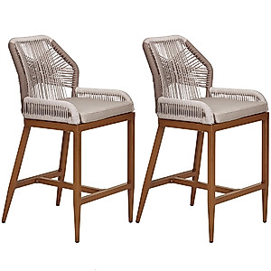 Counter Height Bar Stools Set of 2, 24.8" H Rattan Bar Stools, Home Back Dining Chair, Modern Patio Bar Stools with Backrest and Arm, Comfortable Simple and Beautiful Counter Chair