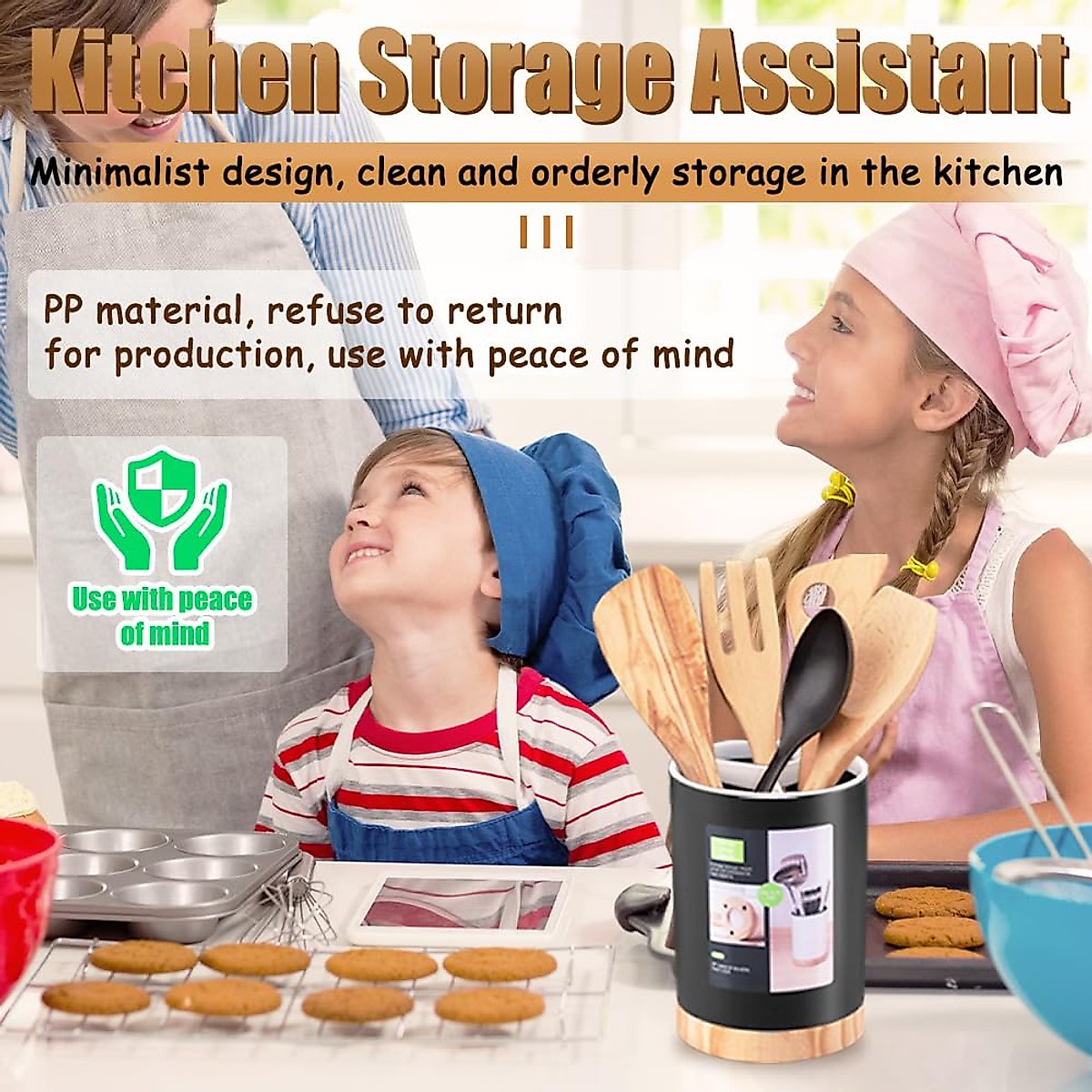 Tiosamd Kitchen Utensil Holder Tableware Storage Bucket, Spoon Chopsticks Fork Drain Rack Utensil Crock for Counter, Household 3-Format Tableware Drainer with Removable Divider and Wooden Base
