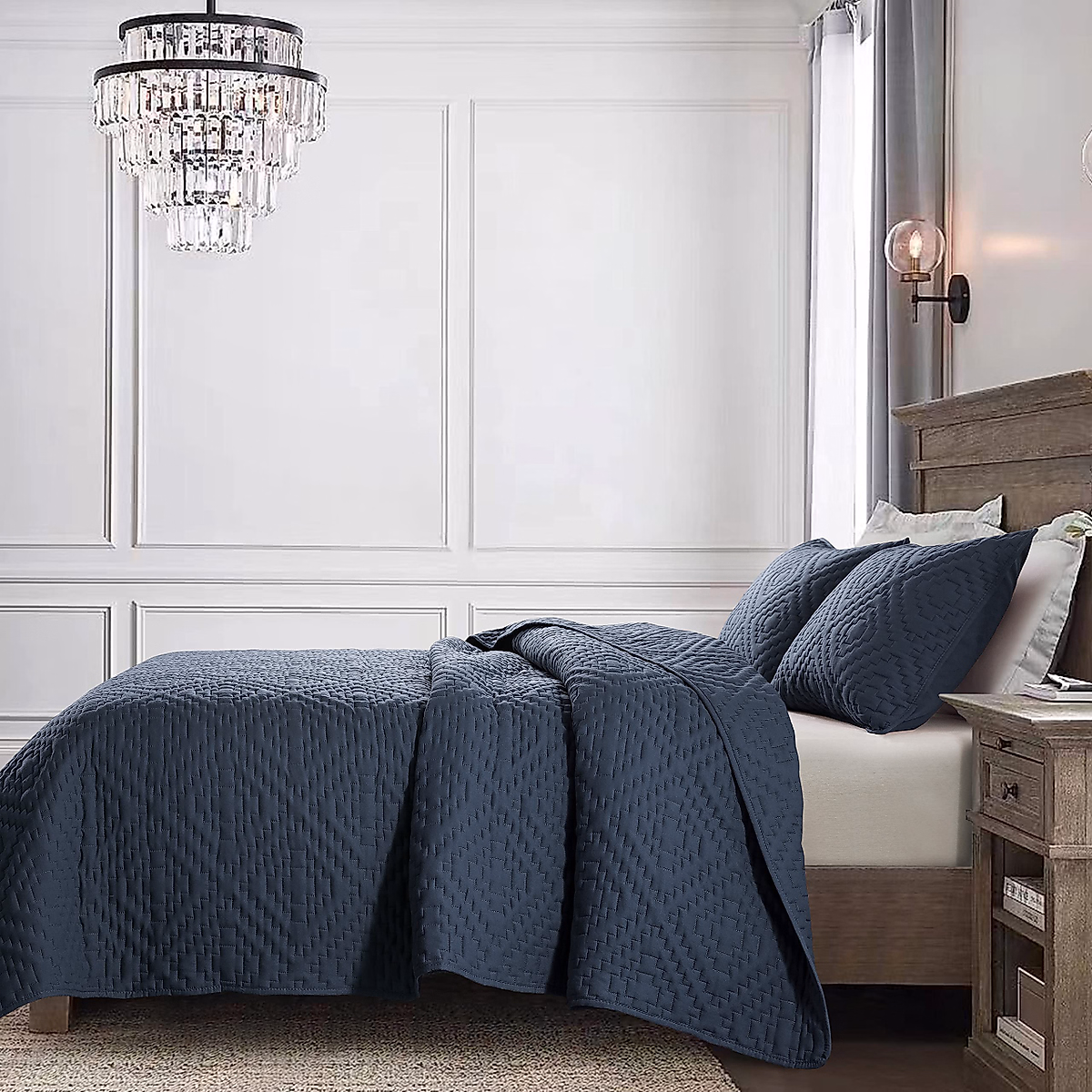 R.SHARE Oversized California King Size Quilt Bedding Sets with Pillow Shams, Navy Blue Cal King Lightweight Soft Bedspread Coverlet for All Season, 118x106 inches