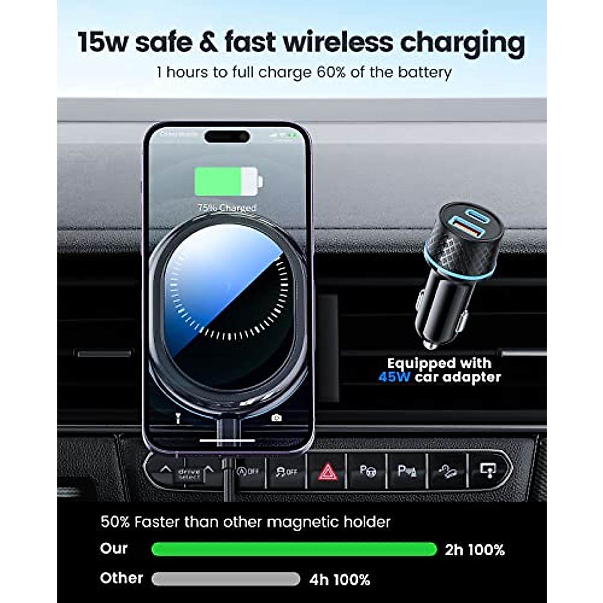 HEGGCOOE Magnetic Wireless Car Charger, 15W Fast Charging Compatible with MagSafe Car Mount Charger Air Vent Phone Holder for iPhone 14/13/12 Series with 45W Fast Car Charger Adapter