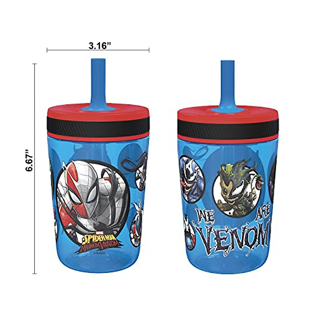Zak Designs Marvel Spider-Man and Venom Kelso Tumbler Set, Leak-Proof Screw-On Lid with Straw, Made of Durable Plastic and Silicone, Perfect Bundle for Kids (15 oz, 2pc Set)