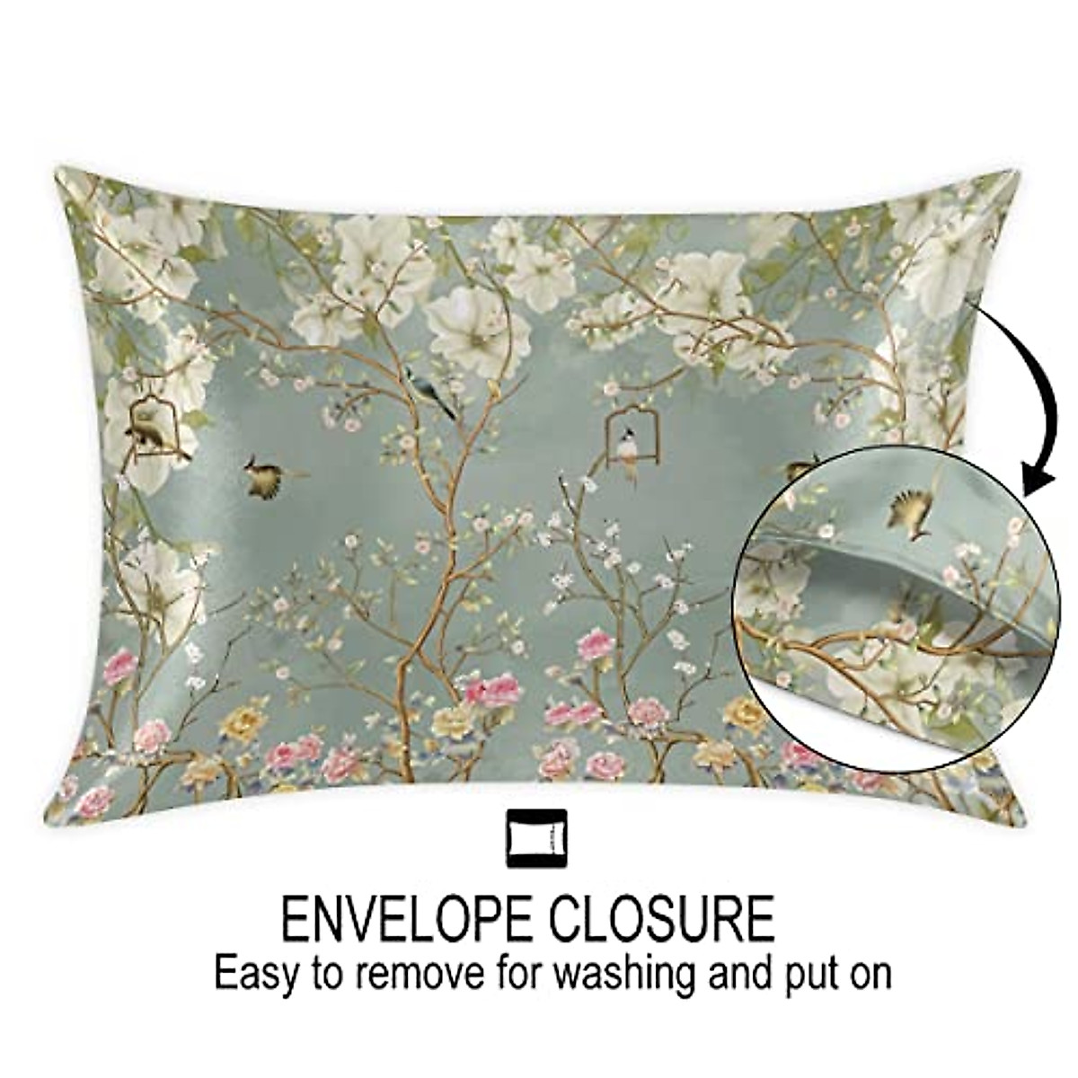 Envelope Closure Satin Pillowcase for Hair and Skin Silk Pillowcase Standard Size Spring Peach Blossom Flower Pattern Pillow Cases Cooling Satin Pillow Covers