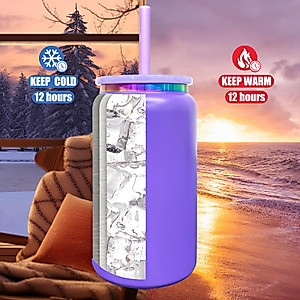 Glass Cups with Lids and Straws, 16 oz Stainless Steel Cups, Insulated Skinny Tumbler, Powder Coated Travel Mugs for Laser Engrave, Iced Coffee Cup for Smoothie Water DIY Gift (Purple,1 pack)