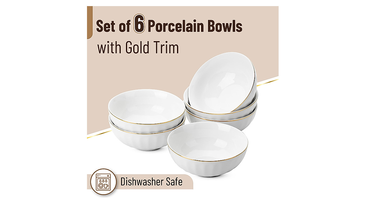 BTaT White Porcelain Bowls with Gold Trim Set of 6 | Elegant Dining