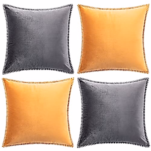 GAWAMAY Set of 2 Fall Decorative Solid Soft Velvet Gold Throw Pillow Covers with Chenille Edge Boho Accent Grey Square Cushion Case for Couch Sofa Living Room Beding Outdoor 16 x 16 Inch (40x40cm)