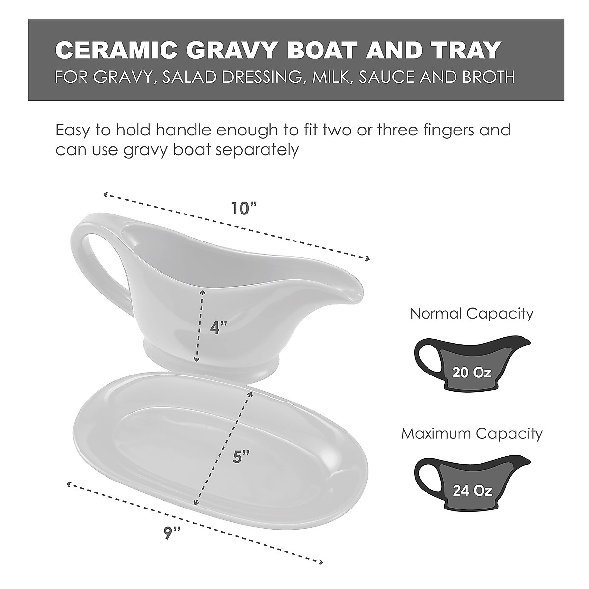 Bruntmor 20 Oz White Ceramic Gravy Boat With Tray, 20 Ounce Large Farmhause Gravy Boat With Saucer For Dinner Table Decoration