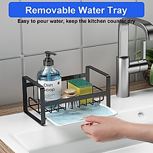 MFTEK Sink Caddy Kitchen Sponge Holder, Soap Holder Tray for Kitchen Sink Countertop, 304 Stainless Steel Soap Dispenser Brush Drainer Rack Organizers with Removable Drain Tray