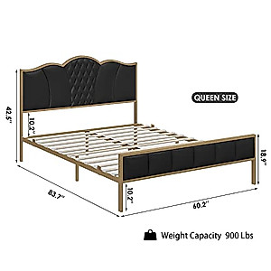 HITHOS Queen Size Bed Frame, Modern Upholstered PU Bed Frame with Tufted Headboard, Heavy Duty Platform Bed with Wood Slat Support, Noise Free, No Box Spring Needed (Black, Queen)