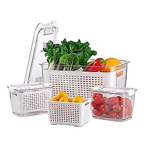 Fruit Containers for Fridge, 3 Pack Vegetable Fruit Container Storage, BELIBUY Fresh Produce Saver Containers BPA Free Fridge Food Storage Containers with Strainers and Vents, White