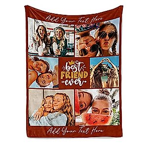 Jekeno Custom Blanket Best Friend Ever Personalized Blanket with 6 Pictures Customize Memorial Throw Blanket Super Soft Cozy Plush for Good Friend for Birthday Christmas, 40"x50"